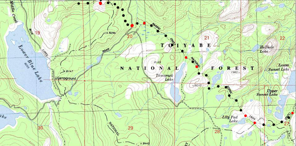 Topo Map: Blue Lakes Road & Tamarack Lake, Pacific Crest Trail